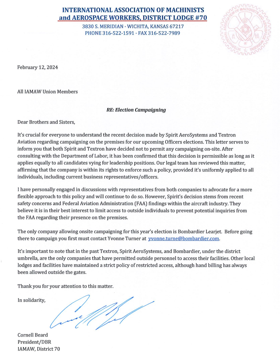 District Lodge 70 Letter on Union Election Campaigning – IAM Local ...