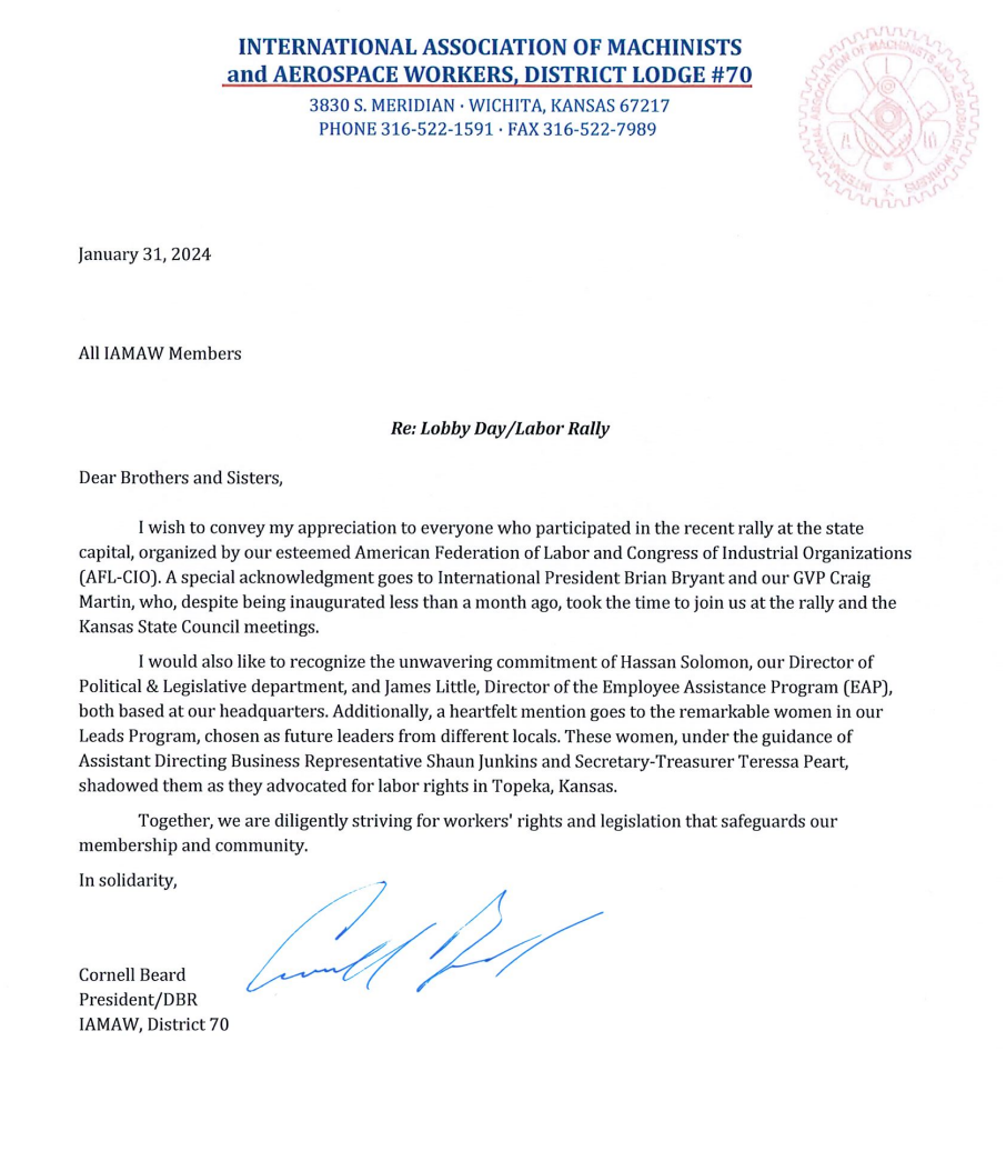 District Lodge 70 Letter – Lobby Day – IAM Local Lodge 774